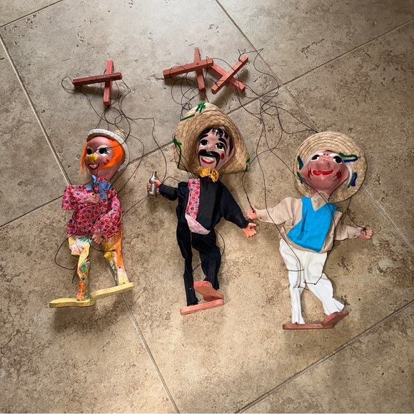 Art | Vintage Puppets Marionettes Set 3 Old Fabric Hand Painted Old ...